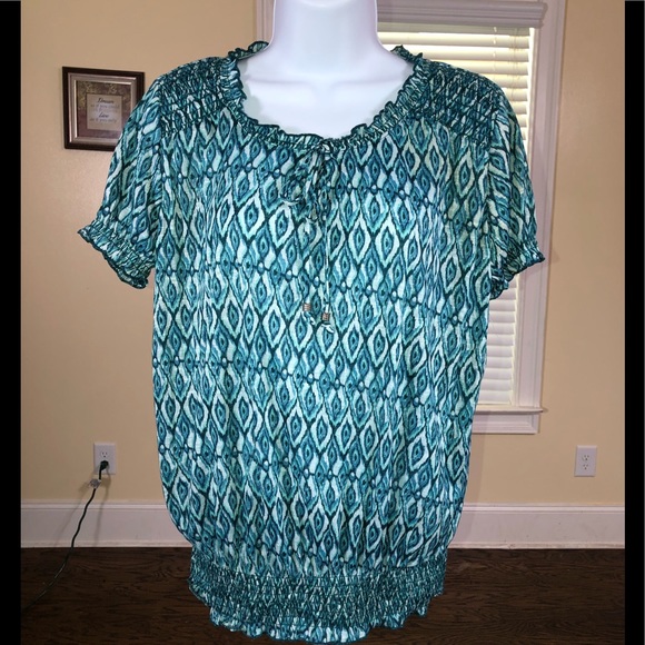 Tops | New Teal Gem Turquoise White Printed Womens Top | Poshmark